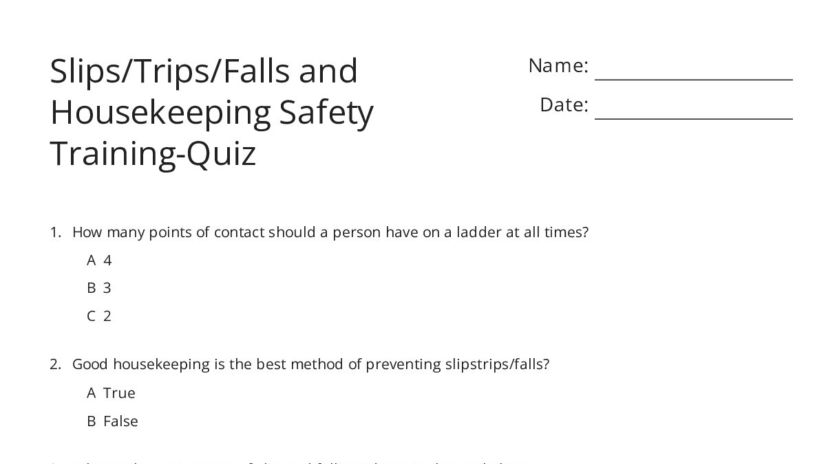Slips/Trips/Falls and Housekeeping Safety Training-Quiz - My Worksheet ...