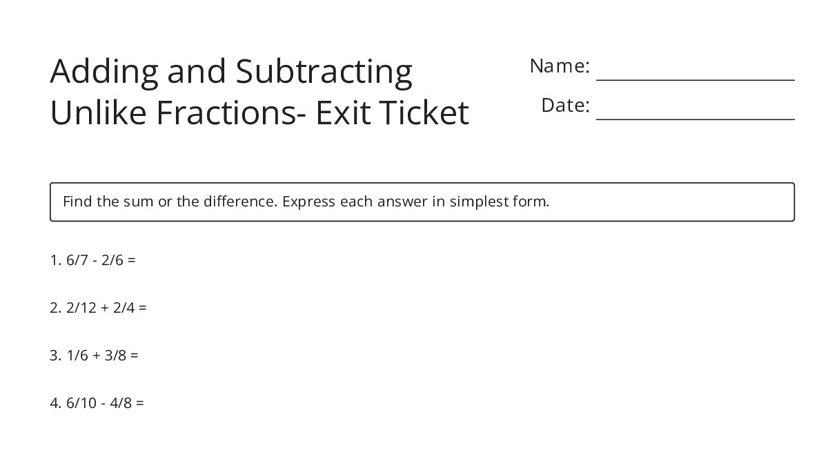 Adding and Subtracting Unlike Fractions- Exit Ticket - My Worksheet ...