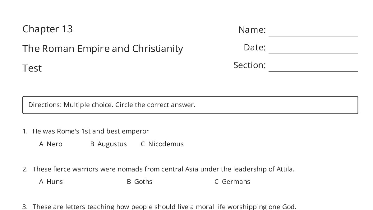 Chapter 13 The Roman Empire and Christianity Test - My Worksheet Maker ...