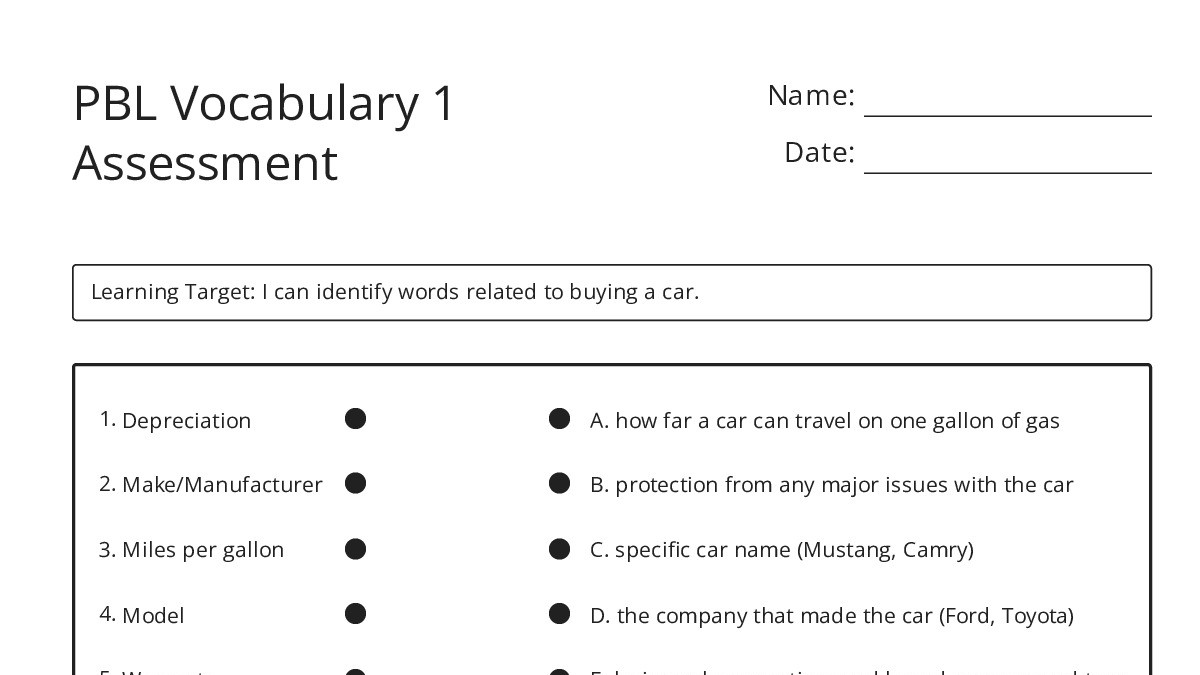 PBL Vocabulary 1 Assessment - My Worksheet Maker: Create Your Own ...