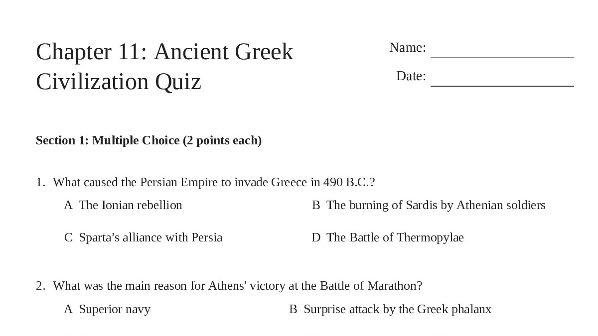 Chapter 11: Ancient Greek Civilization Quiz - My Worksheet Maker ...