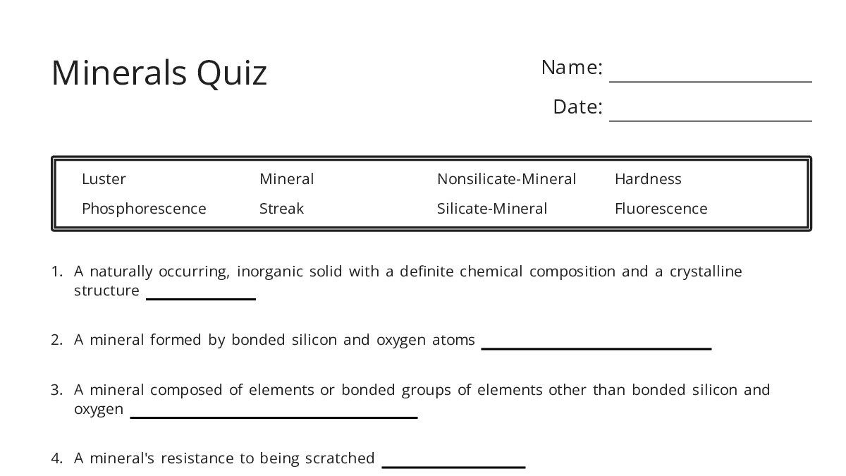 Minerals Quiz - My Worksheet Maker: Create Your Own Worksheets