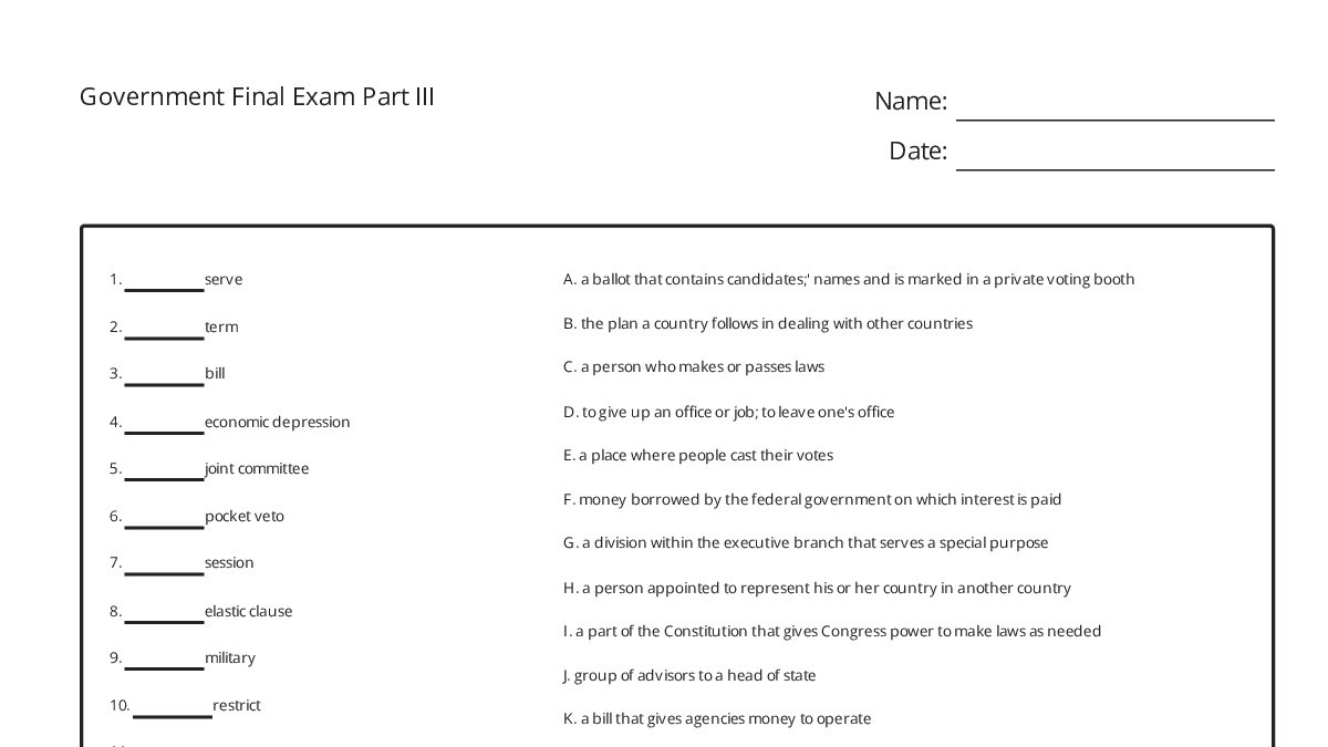 Government Final Exam Part III - My Worksheet Maker: Create Your Own ...