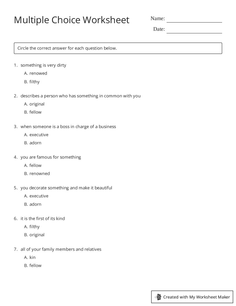 Multiple Choice Worksheet - My Worksheet Maker: Create Your Own Worksheets