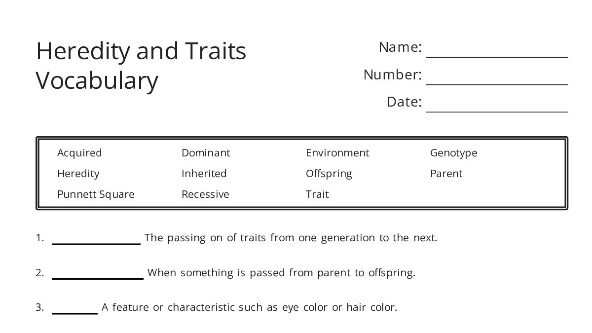 Heredity and Traits Vocabulary - My Worksheet Maker: Create Your Own ...