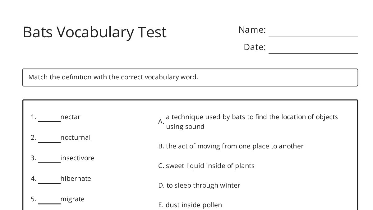 Bats Vocabulary Test - My Worksheet Maker: Create Your Own Worksheets