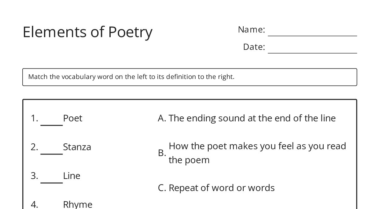 Elements of Poetry - My Worksheet Maker: Create Your Own Worksheets