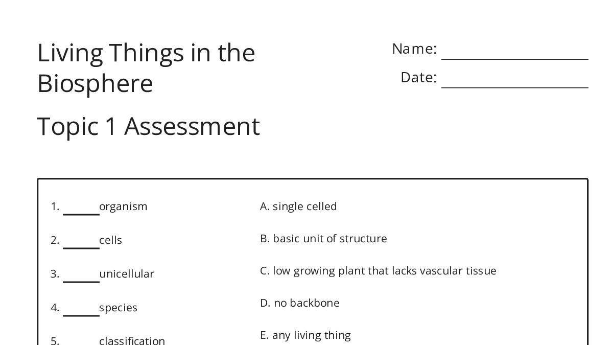 Living Things in the Biosphere Topic 1 Assessment - My Worksheet Maker ...