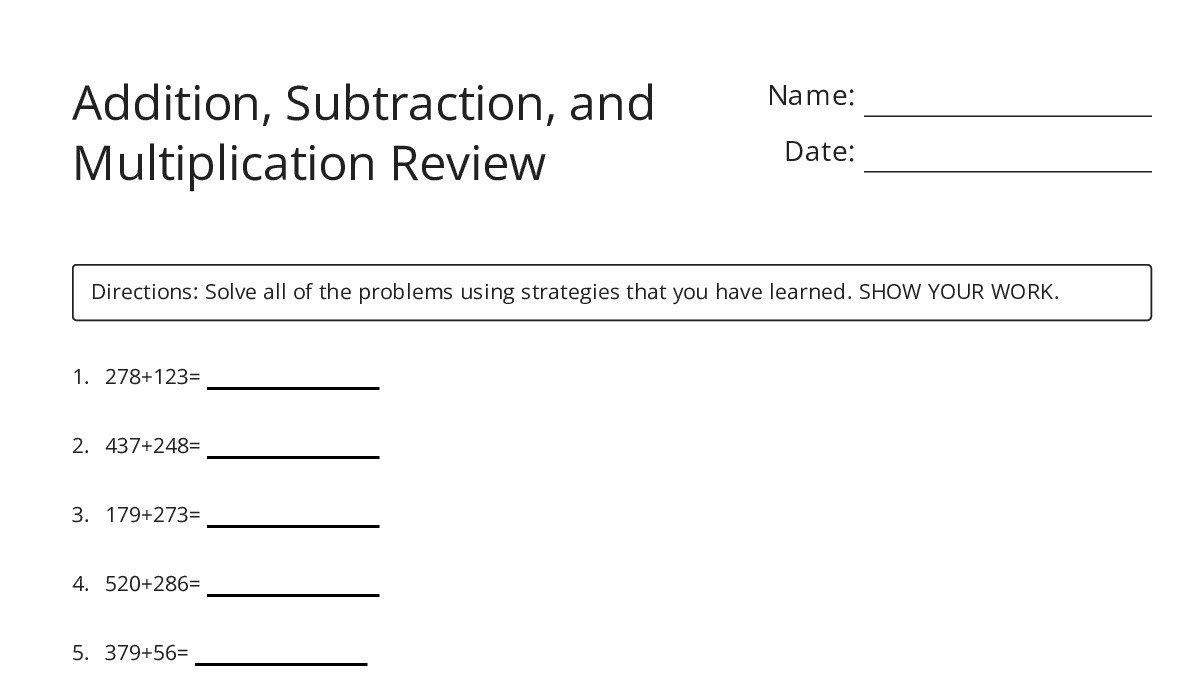Addition, Subtraction, and Multiplication Review - My Worksheet Maker ...