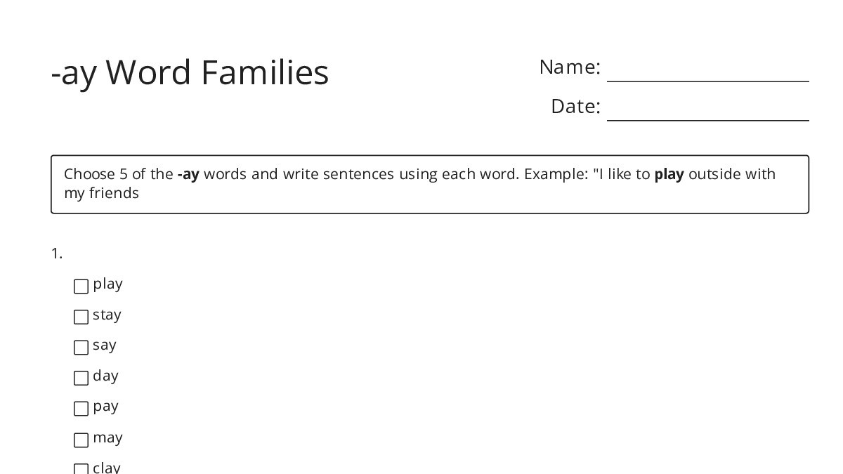 -ay Word Families - My Worksheet Maker: Create Your Own Worksheets