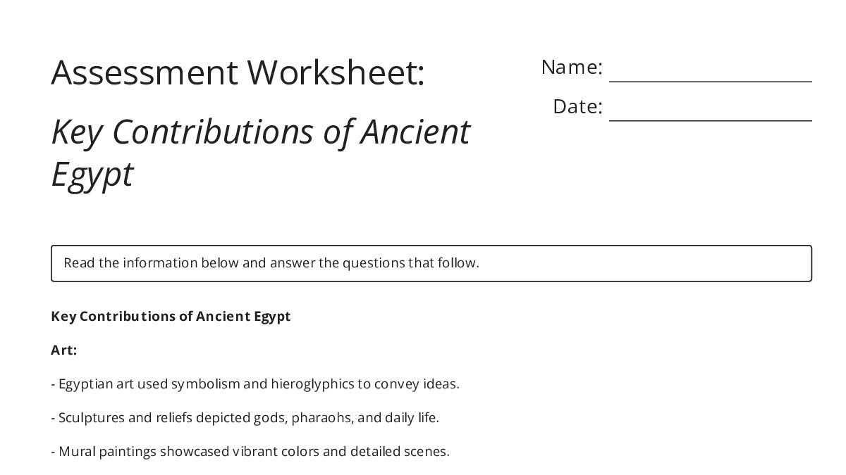 Assessment Worksheet: Key Contributions of Ancient Egypt - My Worksheet ...