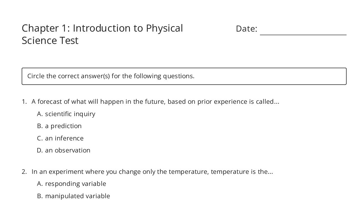 Chapter 1: Introduction to Physical Science Test - My Worksheet Maker ...