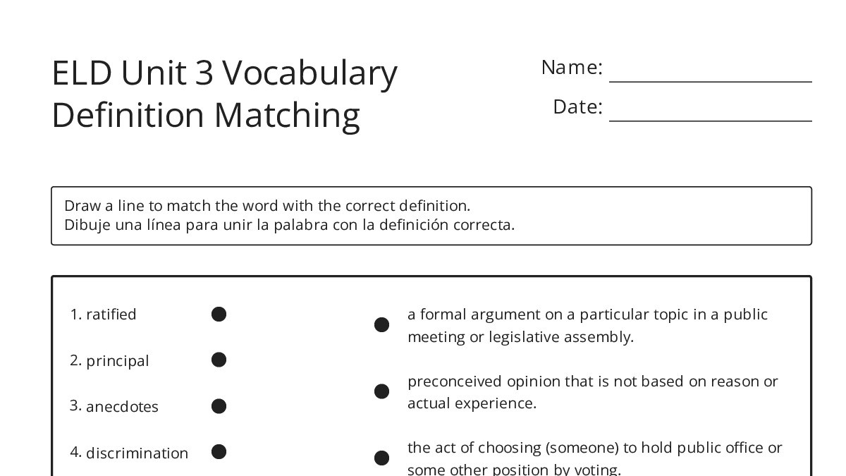 ELD Unit 3 Vocabulary Definition Matching - My Worksheet Maker: Create ...