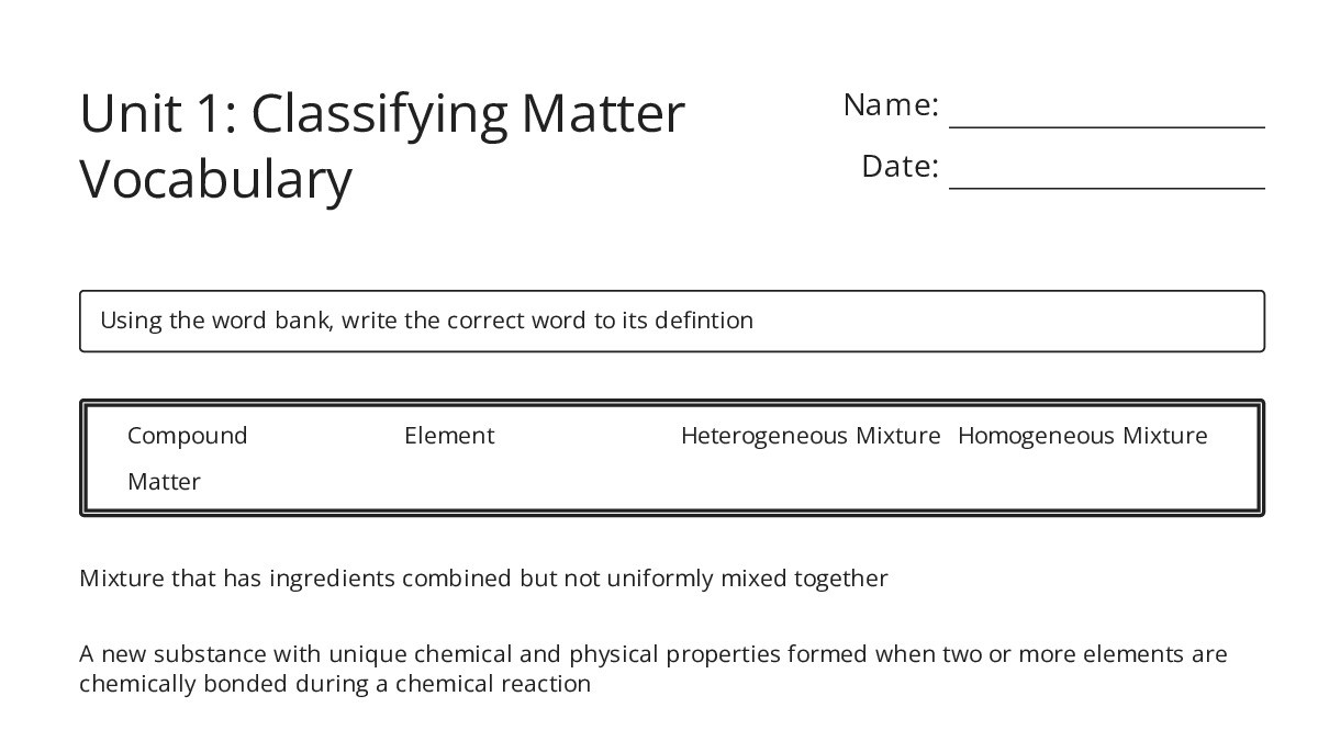 Unit 1: Classifying Matter Vocabulary - My Worksheet Maker: Create Your ...