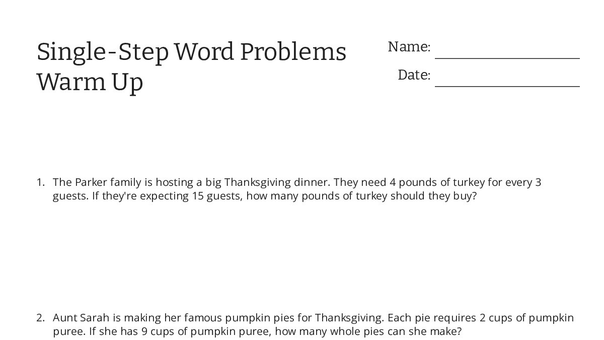 Single-Step Word Problems Warm Up - My Worksheet Maker: Create Your Own ...
