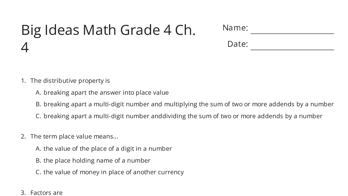 Big Ideas Math Grade 4 Ch. 4 - My Worksheet Maker: Create Your Own ...