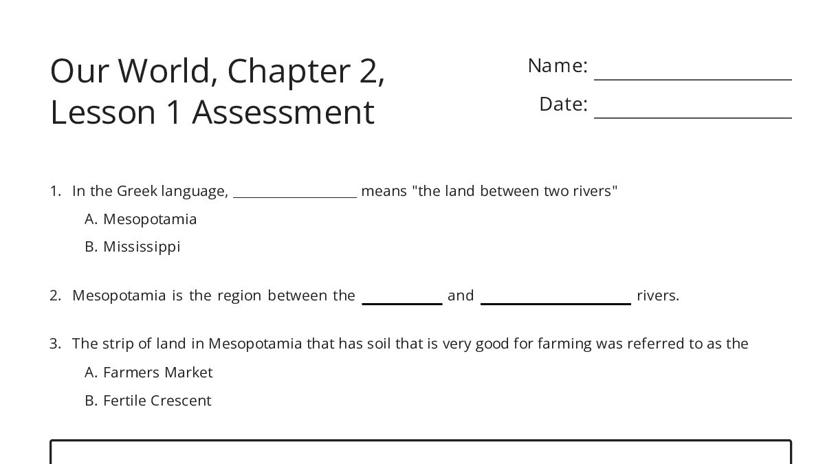Our World, Chapter 2, Lesson 1 Assessment - My Worksheet Maker: Create ...