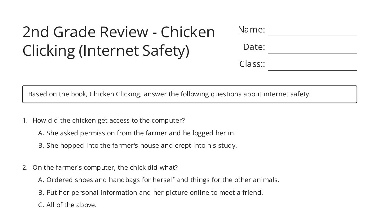 2nd Grade Review - Chicken Clicking (Internet Safety) - My Worksheet ...