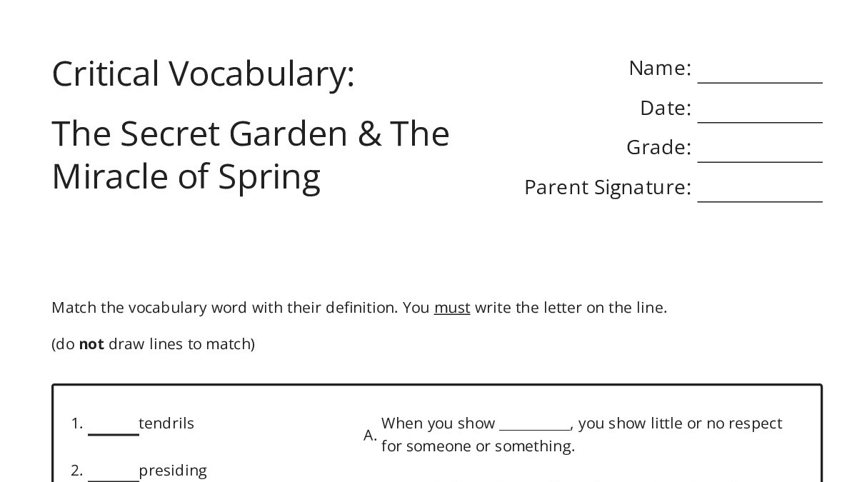 Critical Vocabulary: The Secret Garden & The Miracle of Spring - My ...
