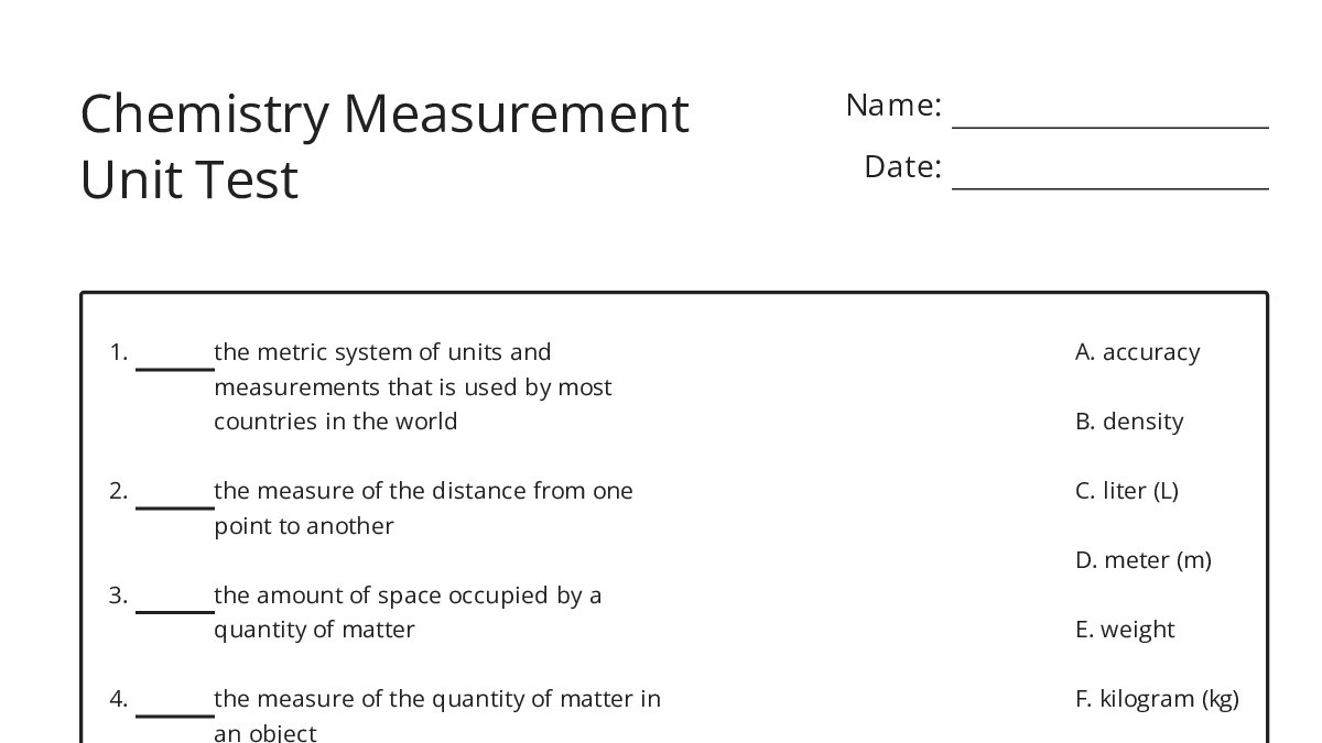 Chemistry Measurement Unit Test - My Worksheet Maker: Create Your Own ...