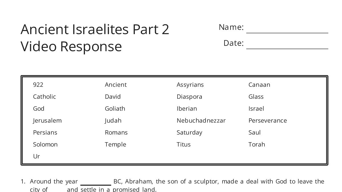 Ancient Israelites Part 2 Video Response - My Worksheet Maker: Create ...