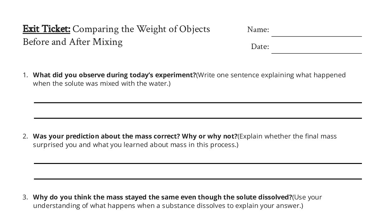 Exit Ticket: Comparing the Weight of Objects Before and After Mixing ...