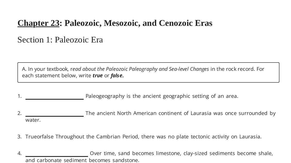Chapter 23: Paleozoic, Mesozoic, and Cenozoic Eras Section 1: Paleozoic ...