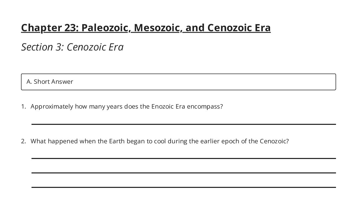 Chapter 23: Paleozoic, Mesozoic, and Cenozoic Era Section 3: Cenozoic ...