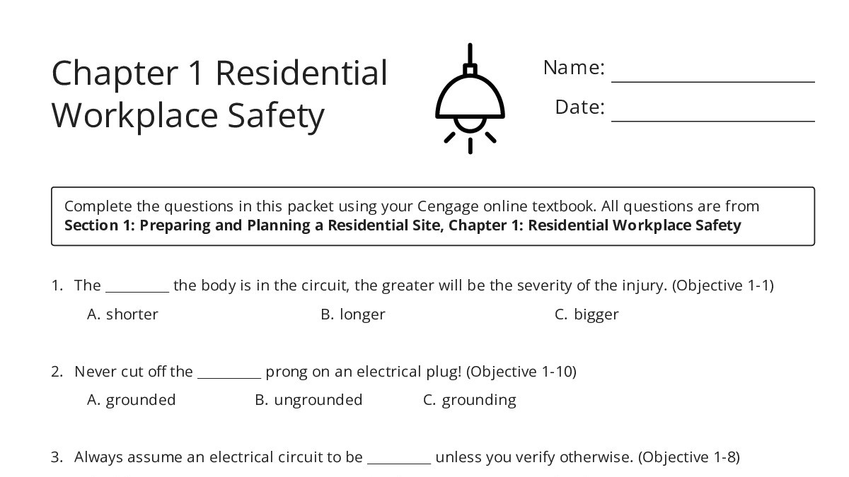 Chapter 1 Residential Workplace Safety - My Worksheet Maker: Create Your Own Worksheets