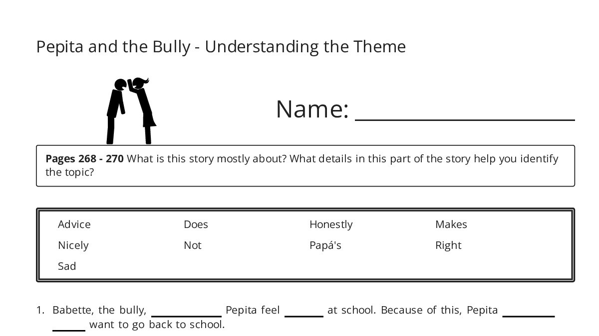Pepita and the Bully - Understanding the Theme - My Worksheet Maker ...