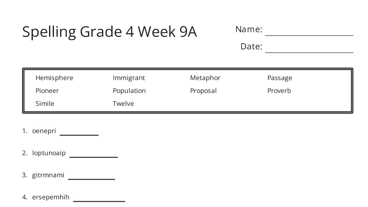Spelling Grade 4 Week 9A - My Worksheet Maker: Create Your Own Worksheets