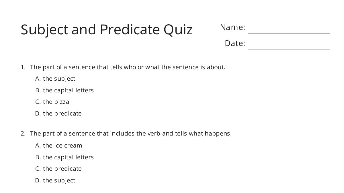 Subject and Predicate Quiz - My Worksheet Maker: Create Your Own Worksheets