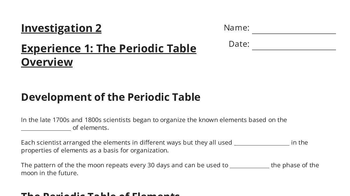Investigation 2 Experience 1: The Periodic Table Overview - My ...