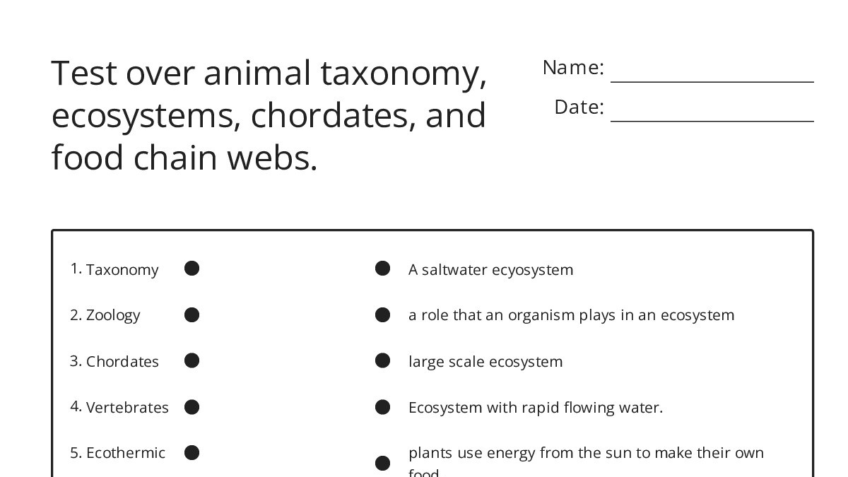 Test over animal taxonomy, ecosystems, chordates, and food chain webs ...