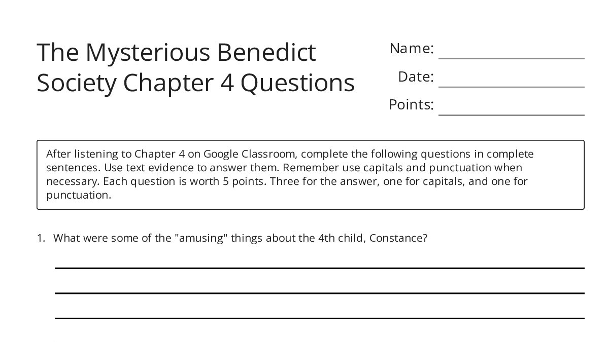 The Mysterious Benedict Society Chapter 4 Questions - My Worksheet ...