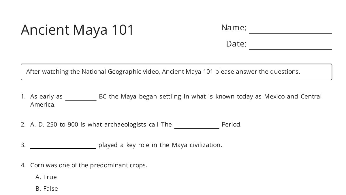 Ancient Maya 101 - My Worksheet Maker: Create Your Own Worksheets