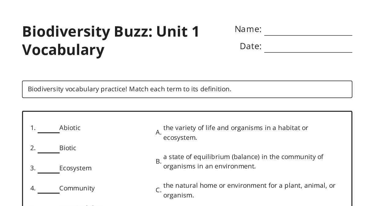 Biodiversity Buzz: Unit 1 Vocabulary - My Worksheet Maker: Create Your ...
