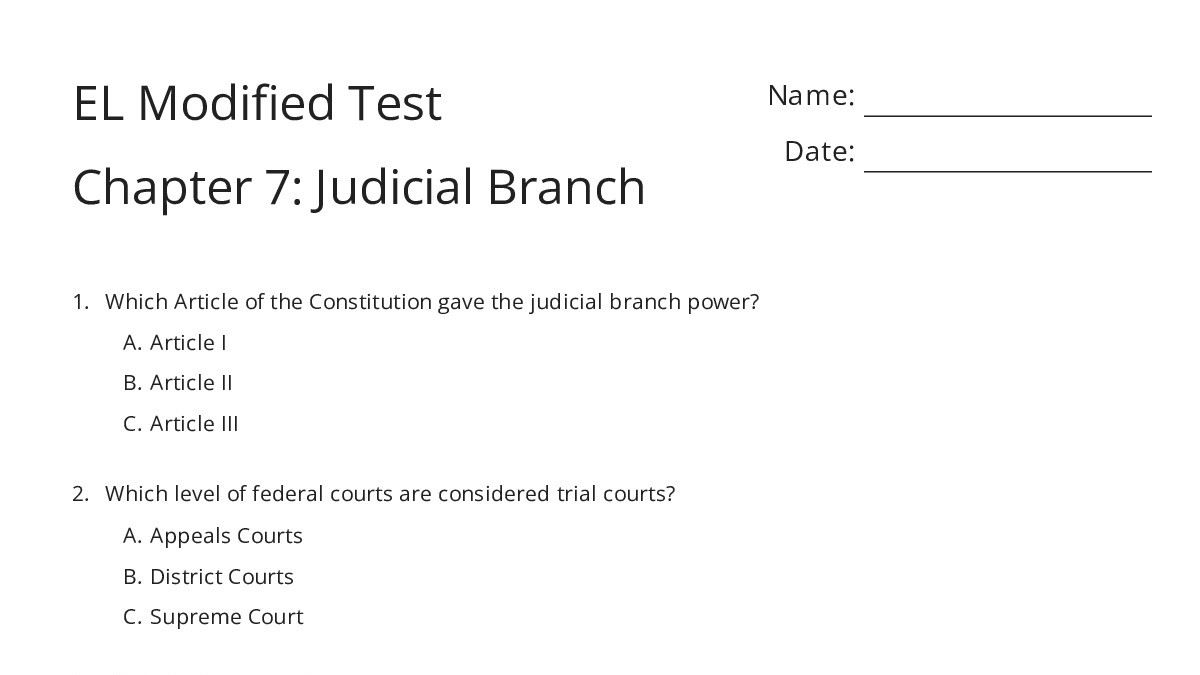 EL Modified Test Chapter 7: Judicial Branch - My Worksheet Maker ...