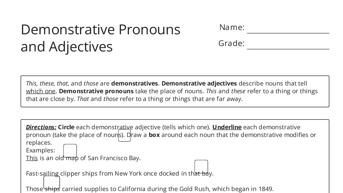 Demonstrative Pronouns and Adjectives - My Worksheet Maker: Create Your ...