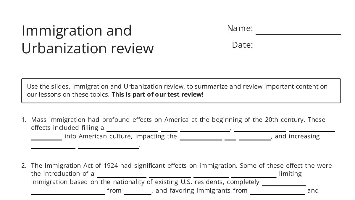 Immigration and Urbanization review - My Worksheet Maker: Create Your ...