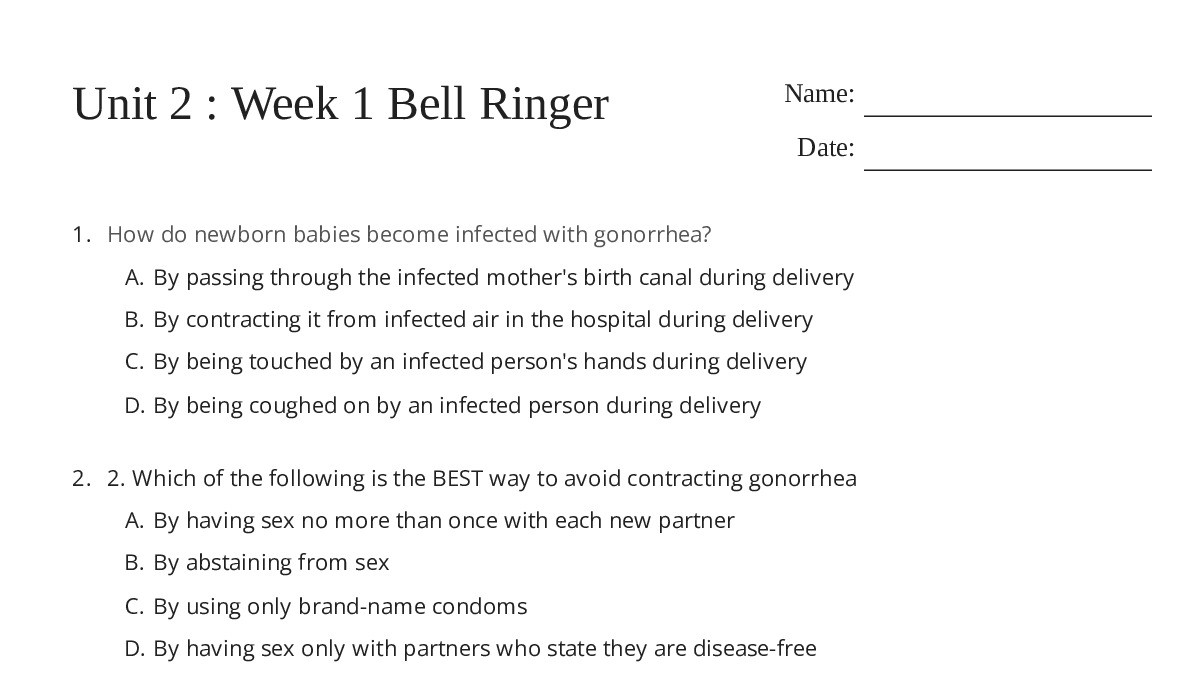 Unit 2 : Week 1 Bell Ringer - My Worksheet Maker: Create Your Own ...