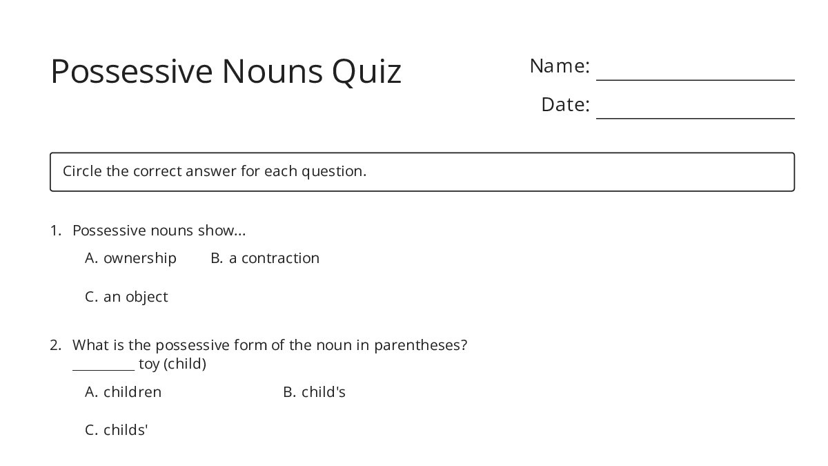Possessive Nouns Quiz - My Worksheet Maker: Create Your Own Worksheets