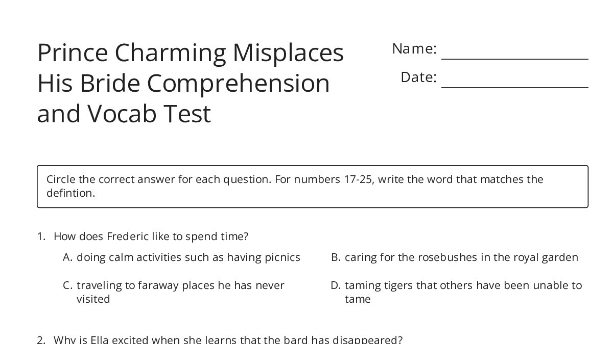 Prince Charming Misplaces His Bride Comprehension and Vocab Test - My ...