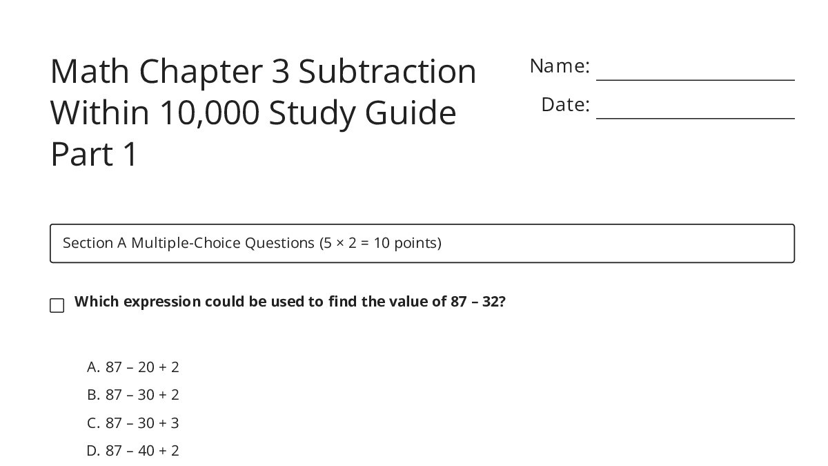 Math Chapter 3 Subtraction Within 10,000 Study Guide Part 1 - My ...