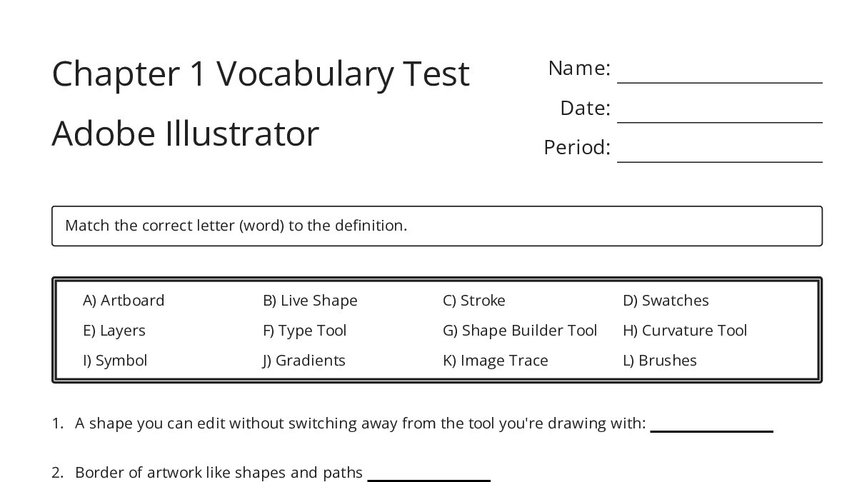 Chapter 1 Vocabulary Test Adobe Illustrator - My Worksheet Maker ...