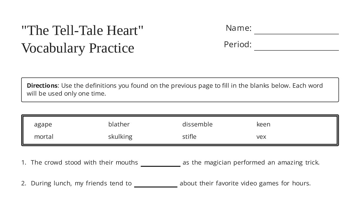 "The Tell-Tale Heart" Vocabulary Practice - My Worksheet Maker: Create ...