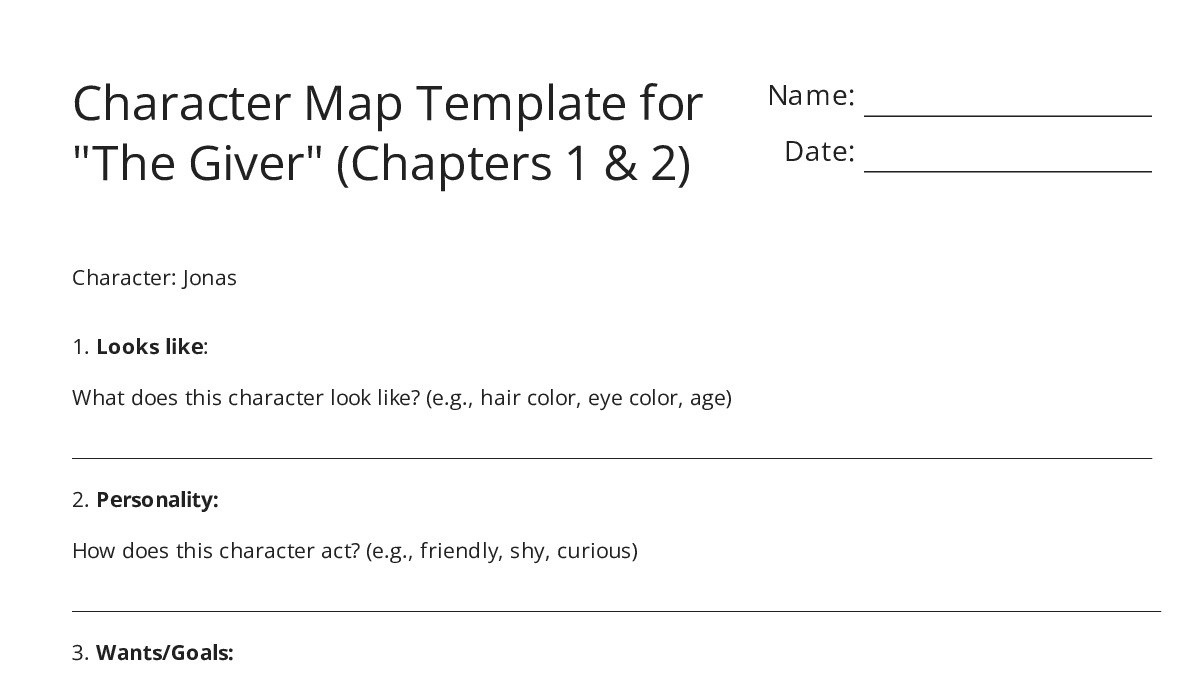 Character Map Template for "The Giver" (Chapters 1 & 2) - My Worksheet ...