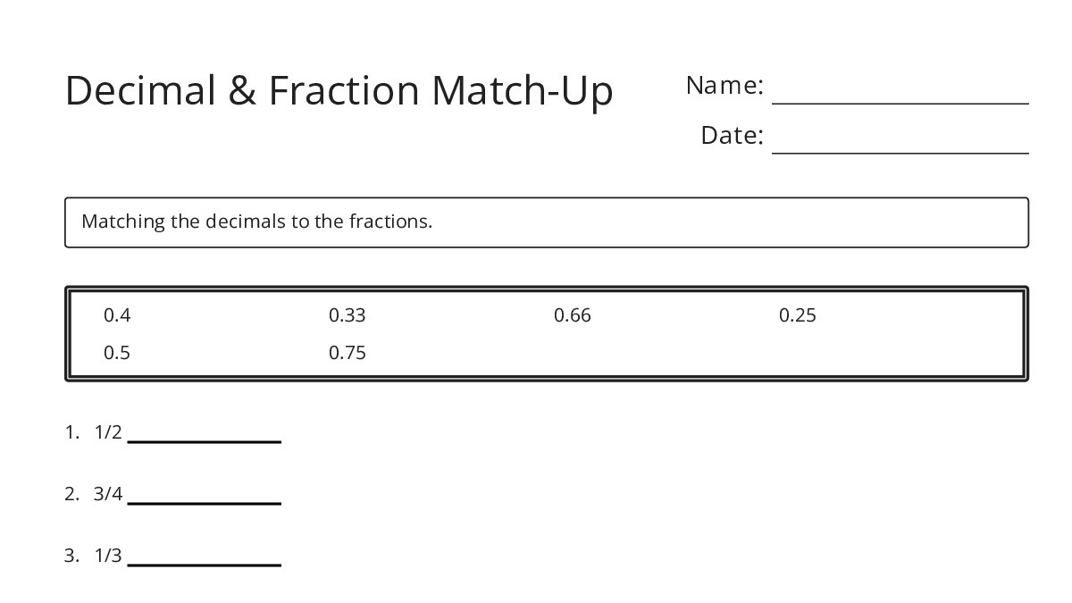 Decimal & Fraction Match-Up - My Worksheet Maker: Create Your Own ...
