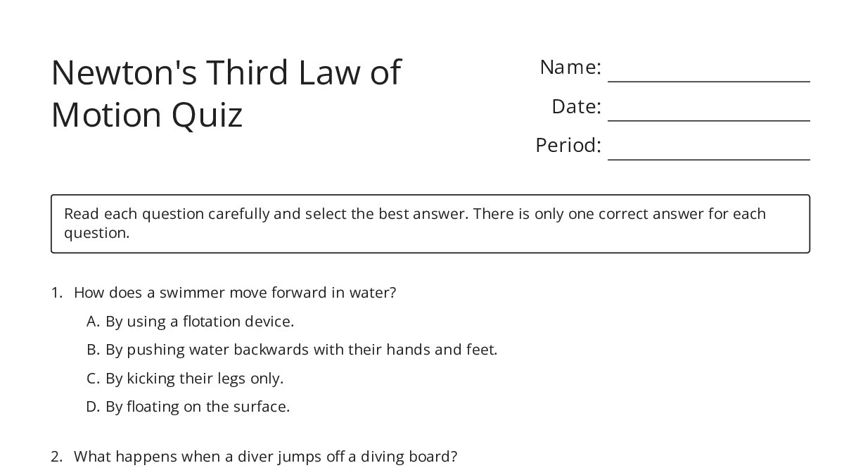 Newton's Third Law of Motion Quiz - My Worksheet Maker: Create Your Own ...