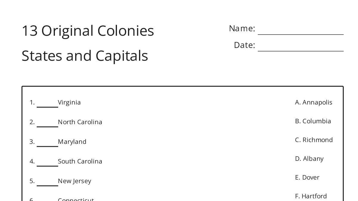 13 Original Colonies States and Capitals - My Worksheet Maker: Create ...
